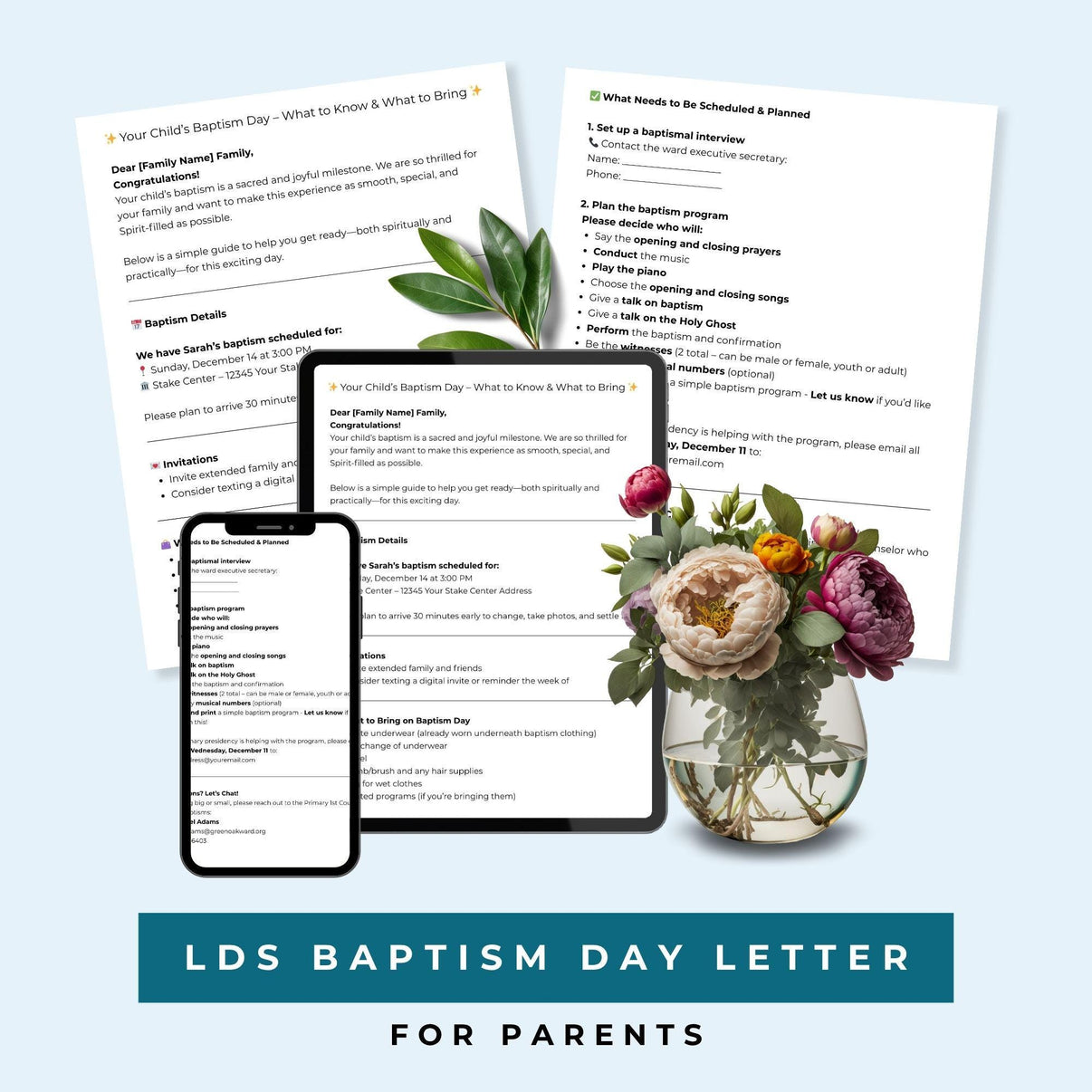 LDS Baptism Day Parent Letter | Printable Baptism Checklist & Program ...